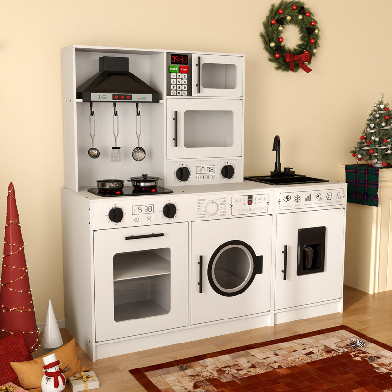 Joyldias Wooden Kids Play Kitchen Set With Circulating Sink, Movable Pretend Toddler Kitchen Toy ...